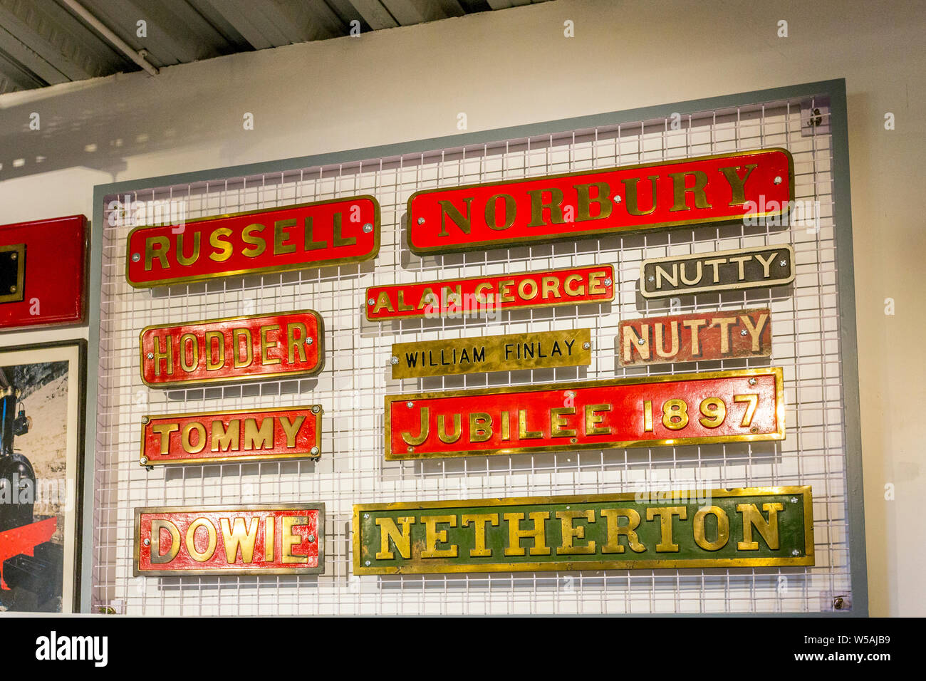 A display of steam engine nameplates in the Narrow Gauge Railway Museum ...