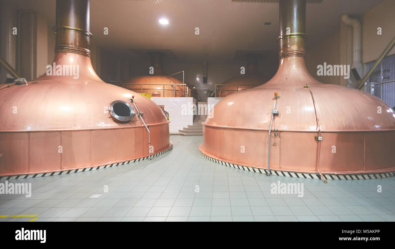 Equipment for preparation of beer. Lines of cooper tanks in brewery ...