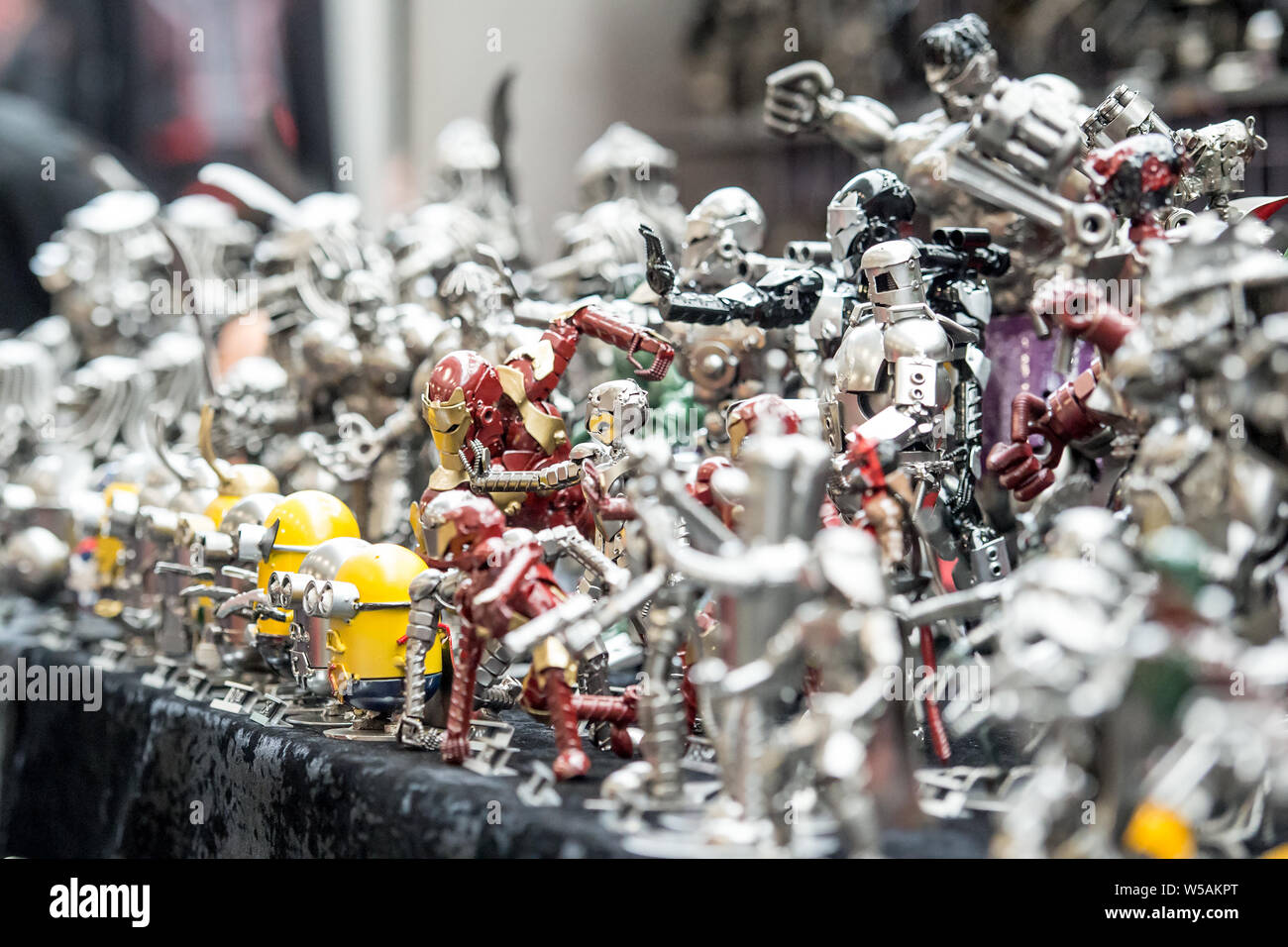 LONDON - JULY 27, 2019: Action figures superheroes are on display on a ...