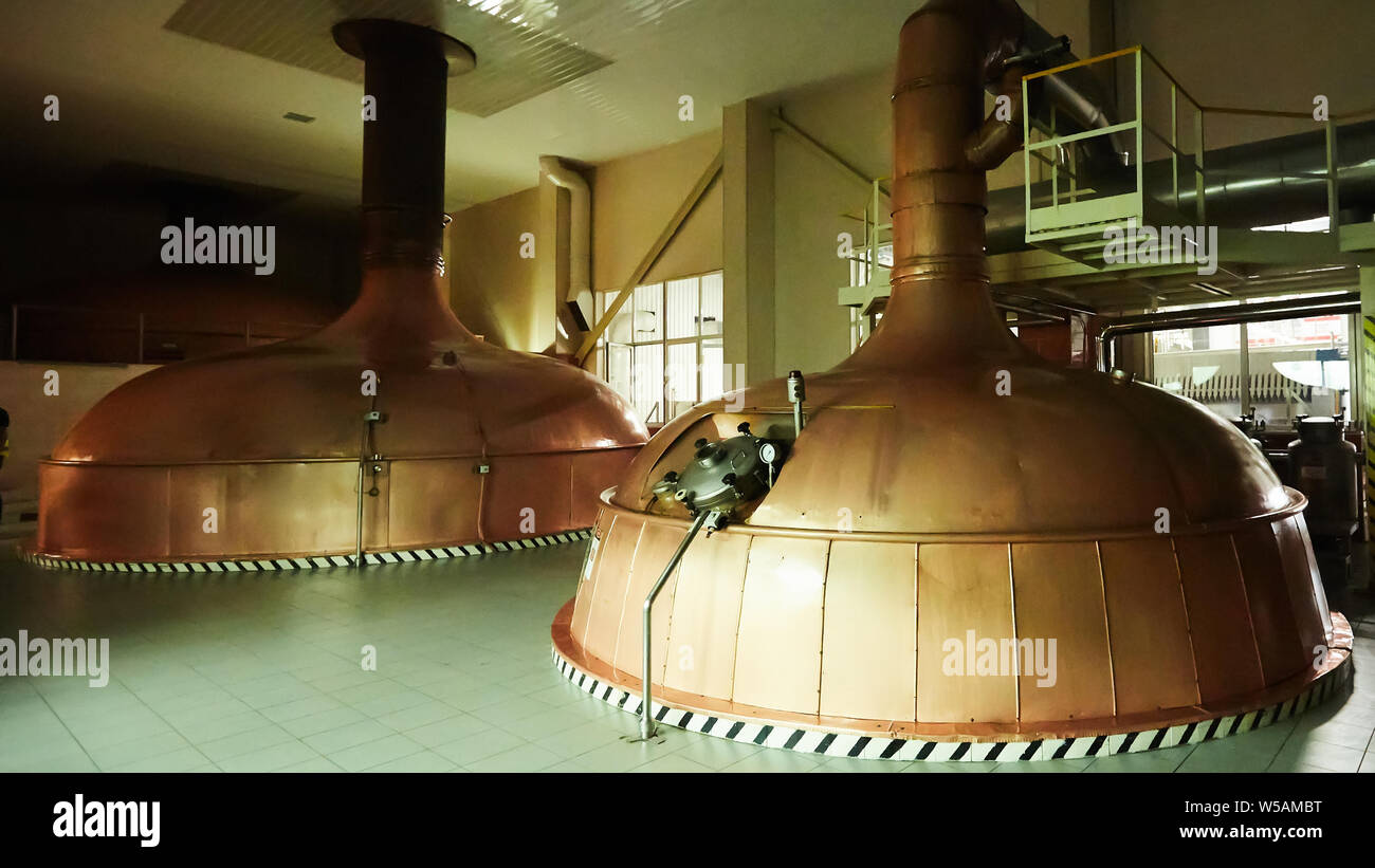 Equipment for preparation of beer. Lines of cooper tanks in brewery ...