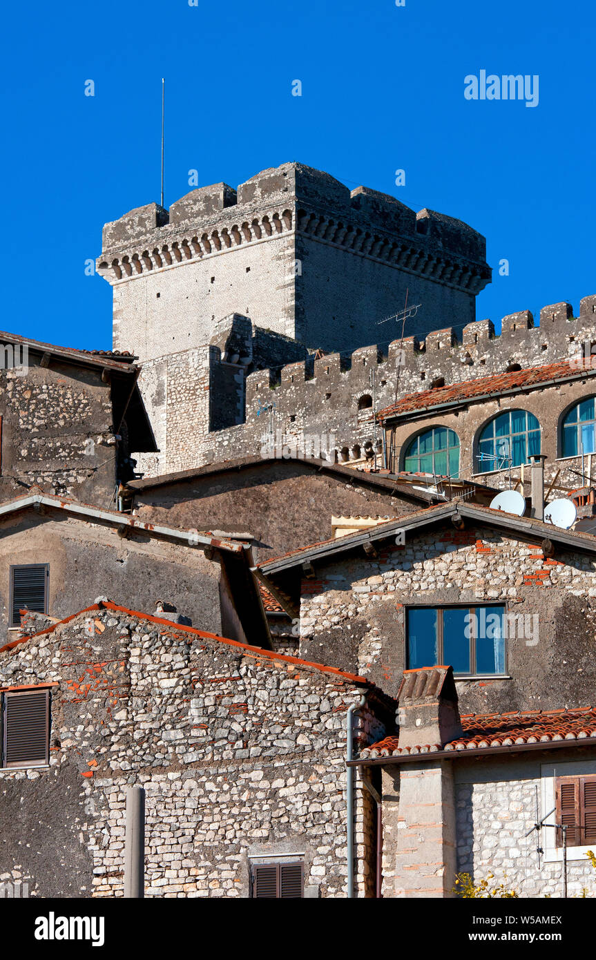 Caetani castle stands out among the houses in Sermoneta, Latina, Lazio ...