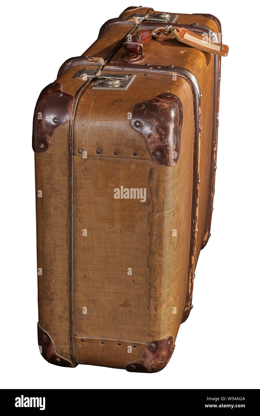 one old-fashioned scratched brown suitcase - white, isolated Stock ...