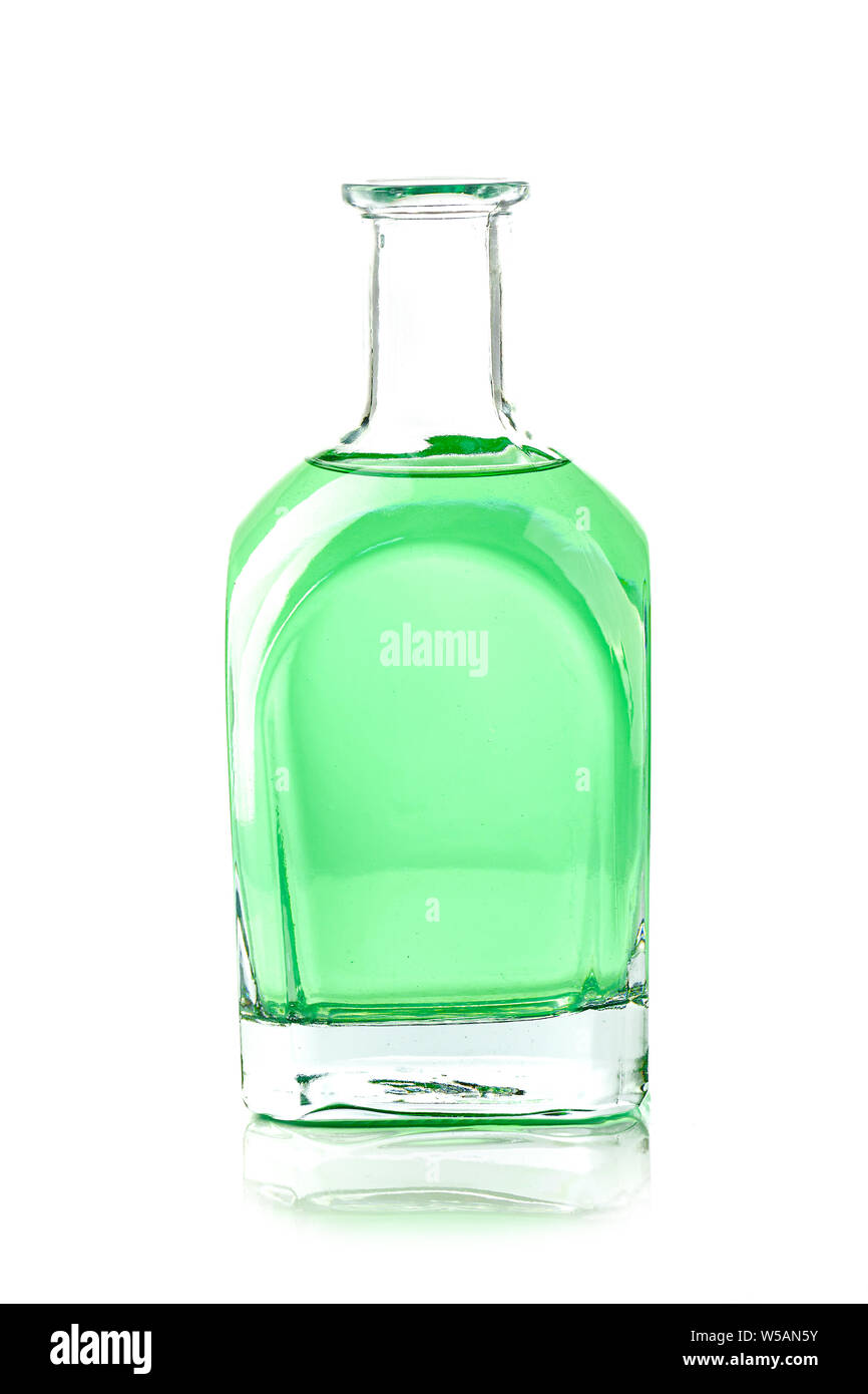 glass bottle with a green liquid on white background Stock Photo - Alamy