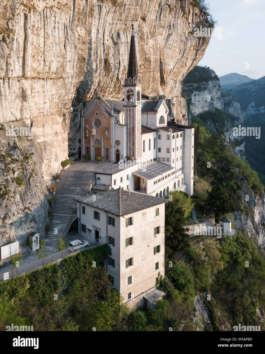 Mountain church Madonna della Corona, aerial view, Lake Garda, Italy ...