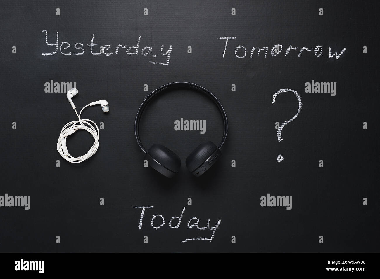 evolution of gadgets for music. wired headphones, wireless headphones ...