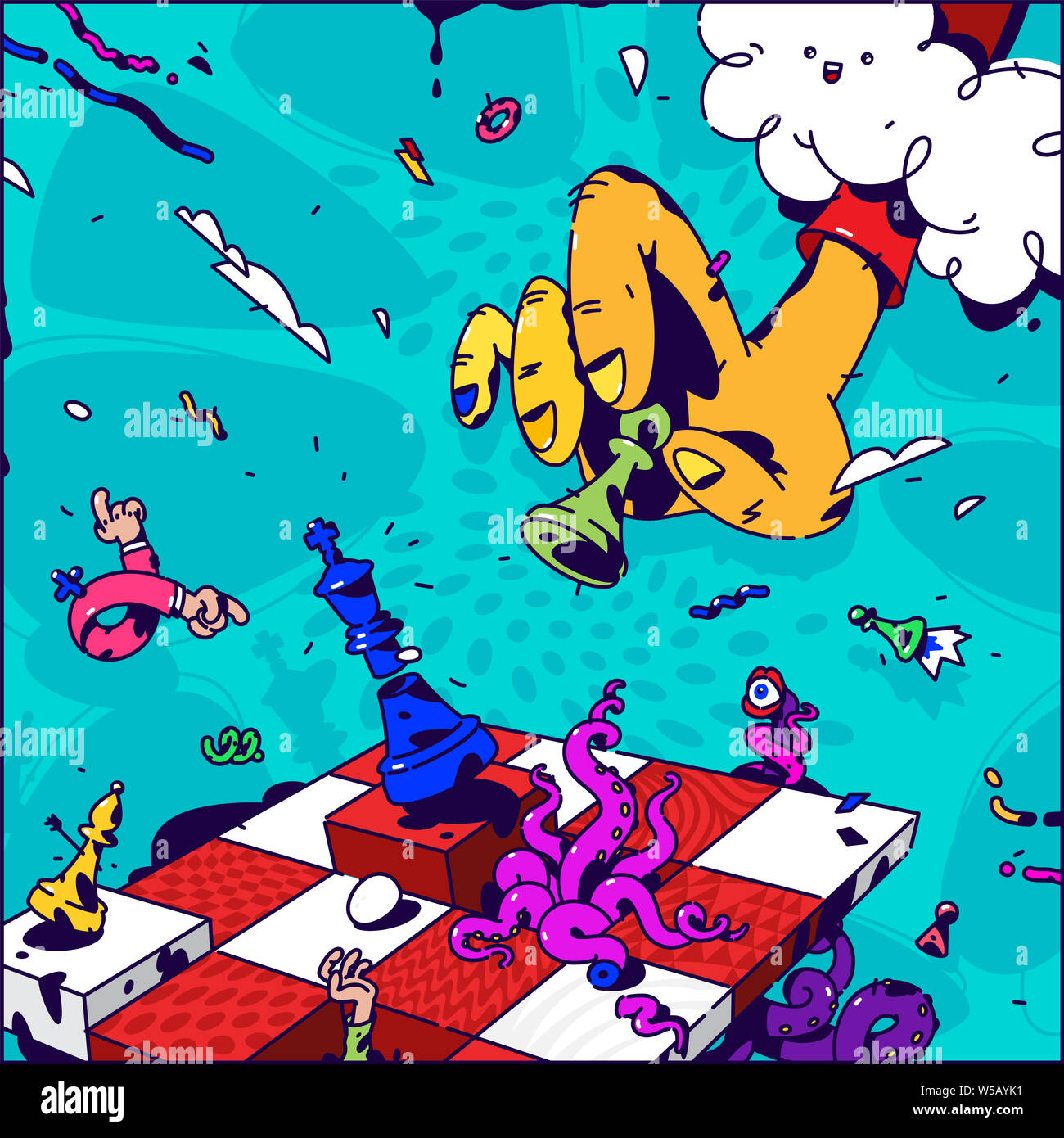 Psychedelic illustration about Chess. Vector. Hand with pawn checkmate ...