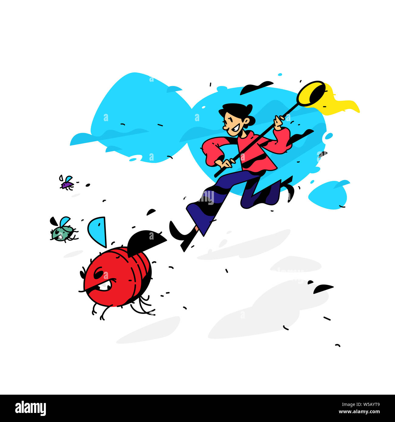 Illustration of a man running with flies and beetles. Vector ...