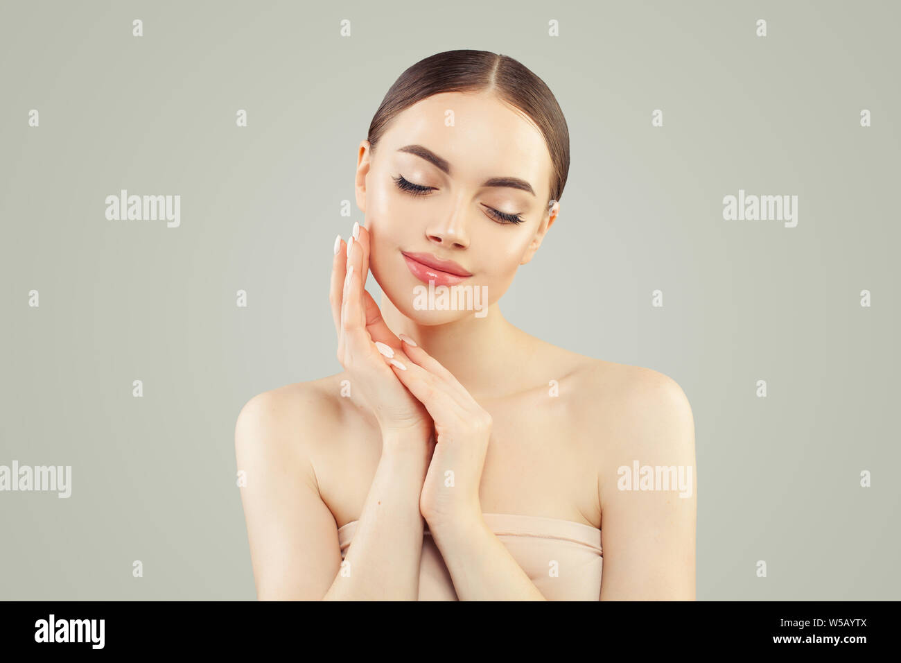 Beautiful female model girl portrait. Young perfect woman with clear ...