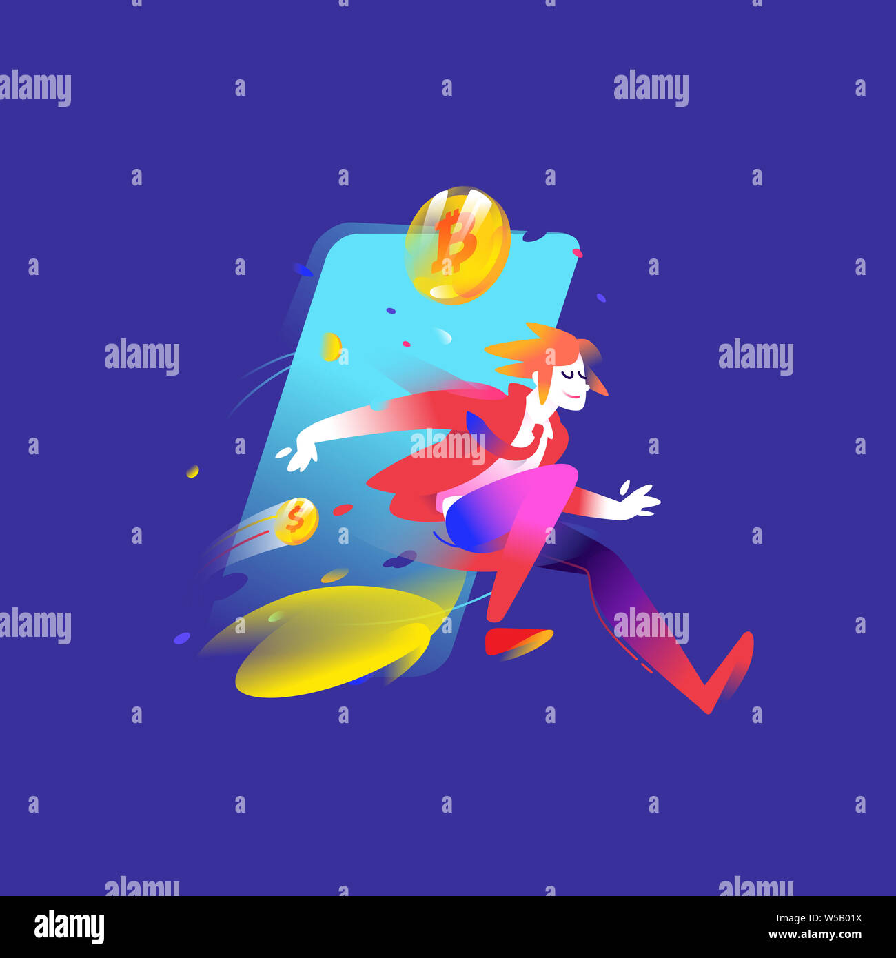 Illustration of a running man with coins bitcoin. Vector illustration ...