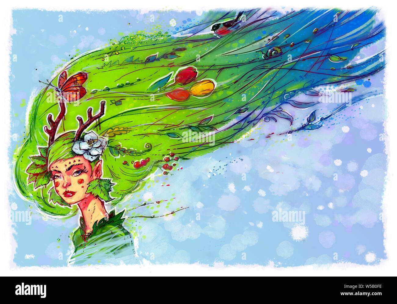 Illustration of a spring girl. Change of seasons. The girl is an elf ...
