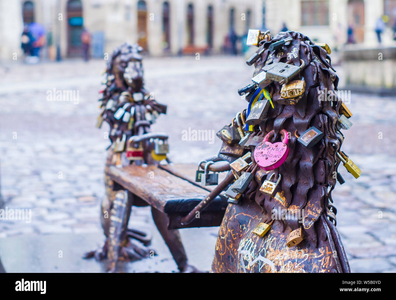 Bench with locks on the Market Square in the city of Lviv Ukraine ...
