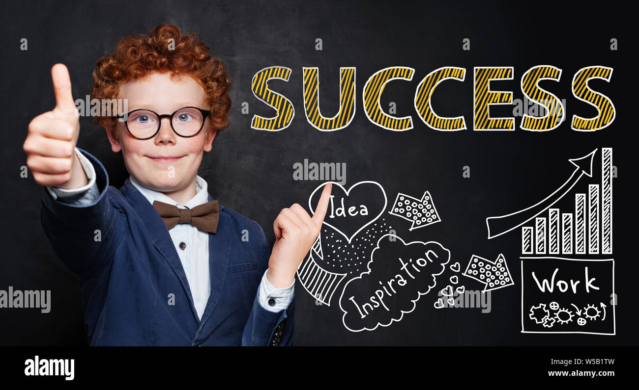 Smiling child with hand drawing sketch and success text. Business idea ...