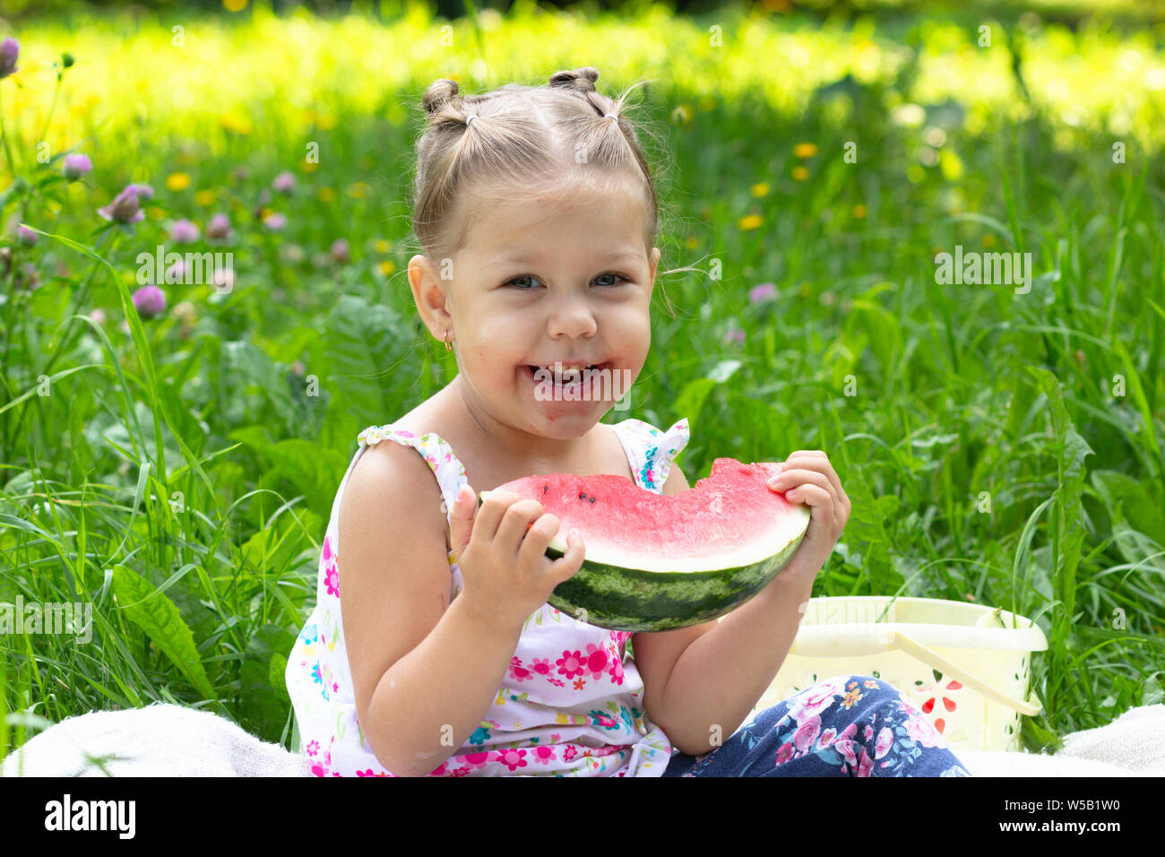 Happy little girl eating water melon in summer park Stock Photo - Alamy