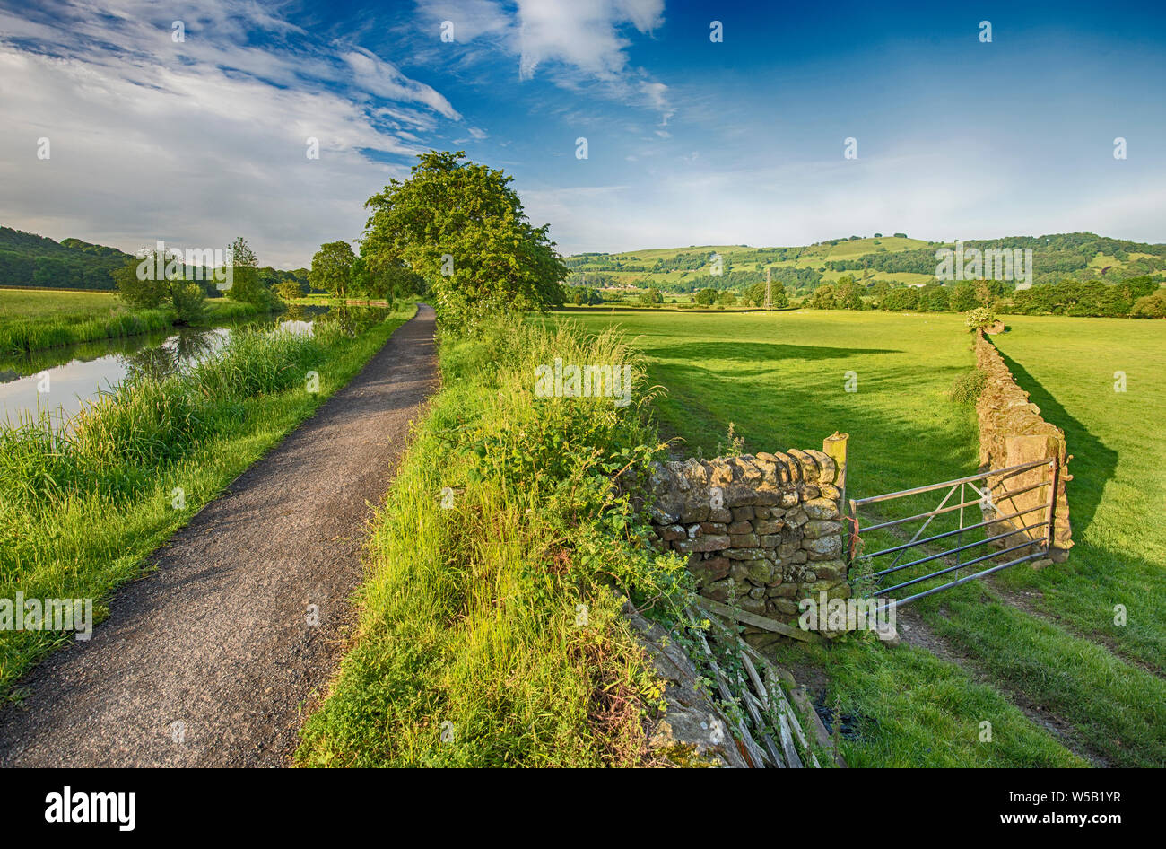 Landscape view of English rural countryside scenery on British waterway ...