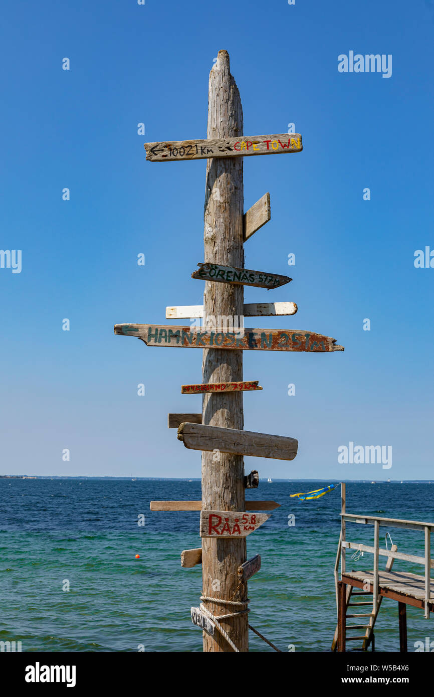 wooden and multicolored travel traffic signpost pointing from Sweden ...