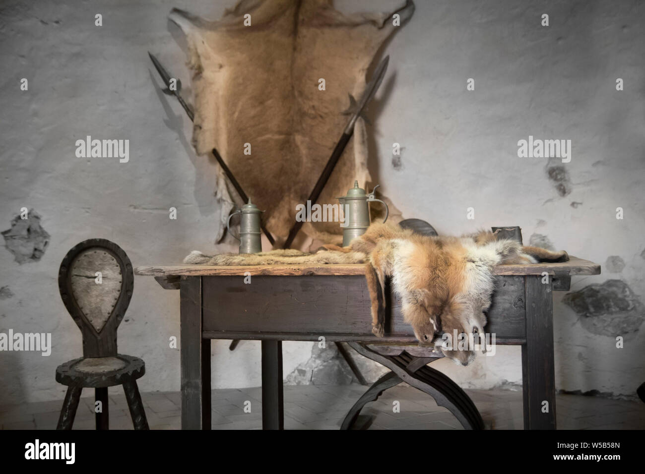medieval room with hunting trophies Stock Photo - Alamy