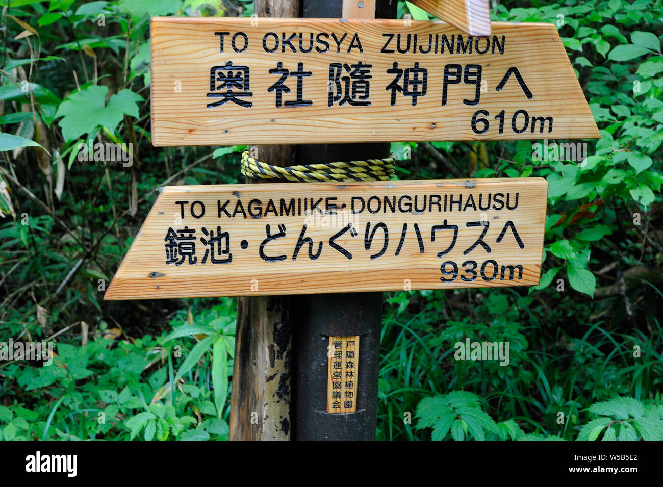 Wooden signpost along the Togakushi Kagamiike Hiking trail, Negano ...