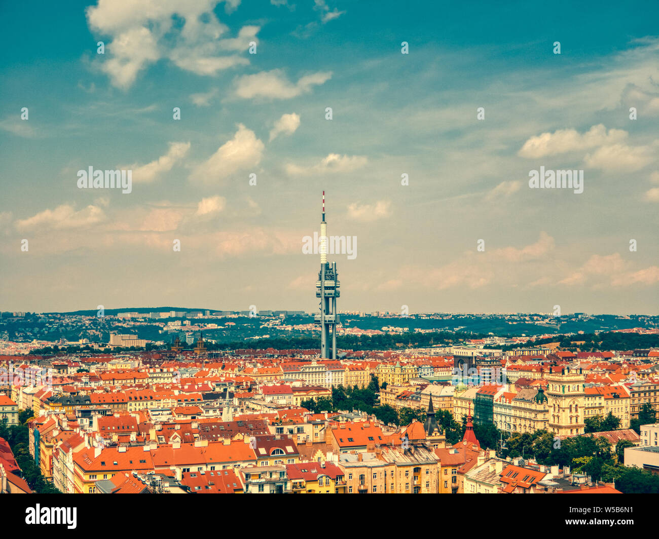 aerial view of TV tower in Prague Zizkov under hot summer and clouds ...