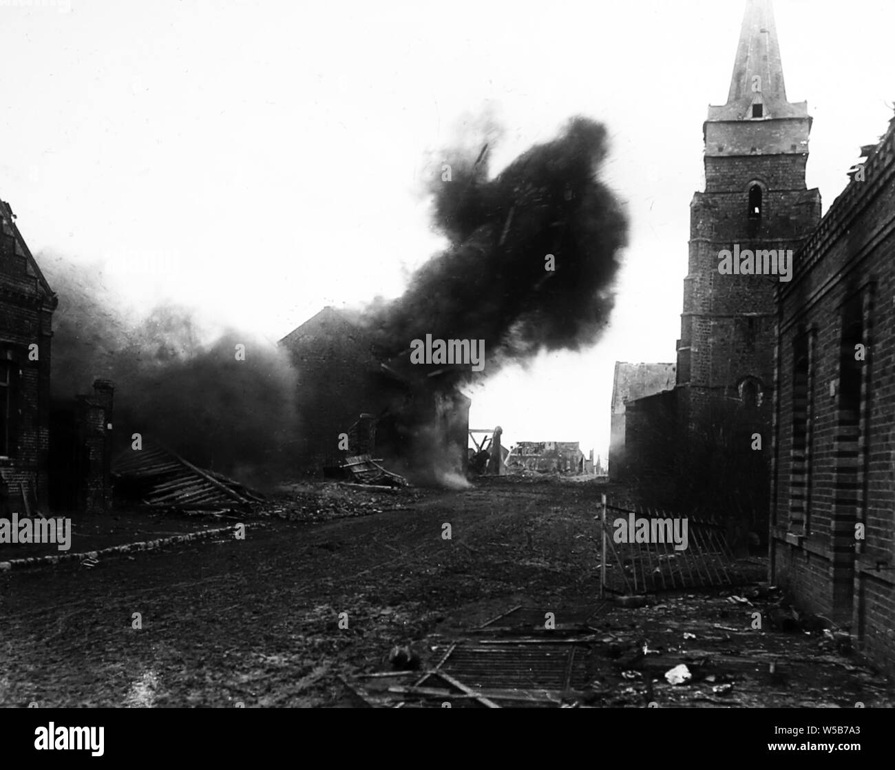 German shell bursting in Mons en Chaussee, France on 20th March 1917 ...