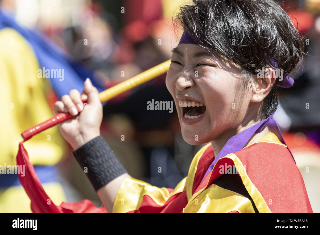 Tokyo, Japan. 27th July, 2019. An Eisa dancer performs during the ...