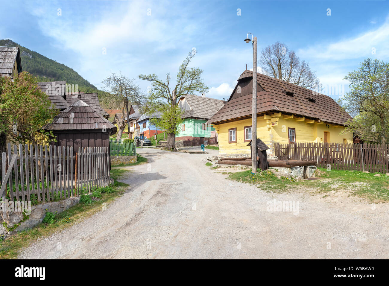 Colourful traditional wooden houses in mountain village Vlkolinec ...