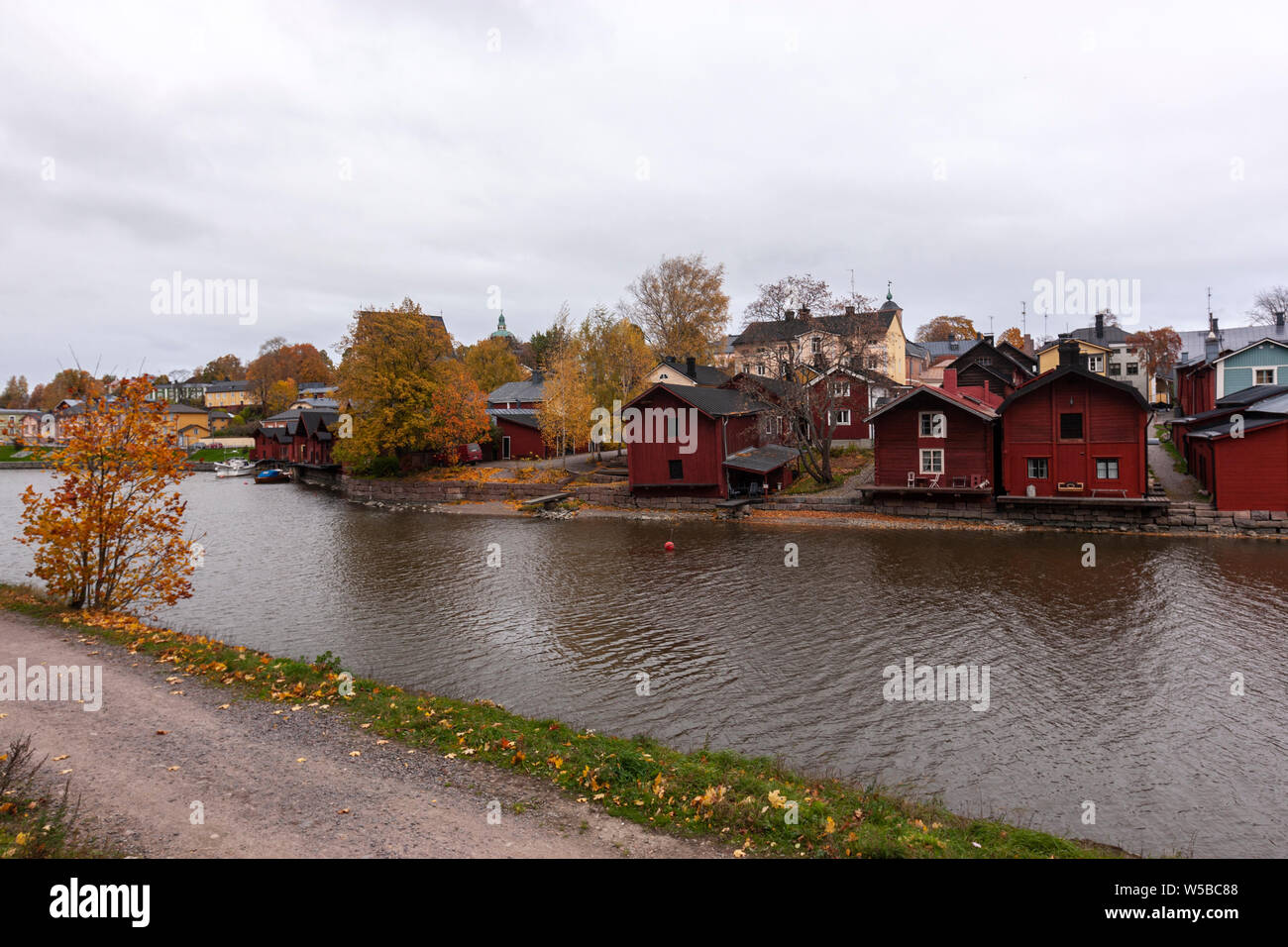 Old wooden barns alongside the river Porvoonjoki,, Medieval town of ...