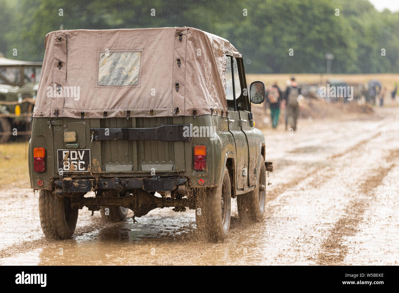 War and Peace Revival 2019, Paddock Wood Hop Farm. A Jeep driving along ...