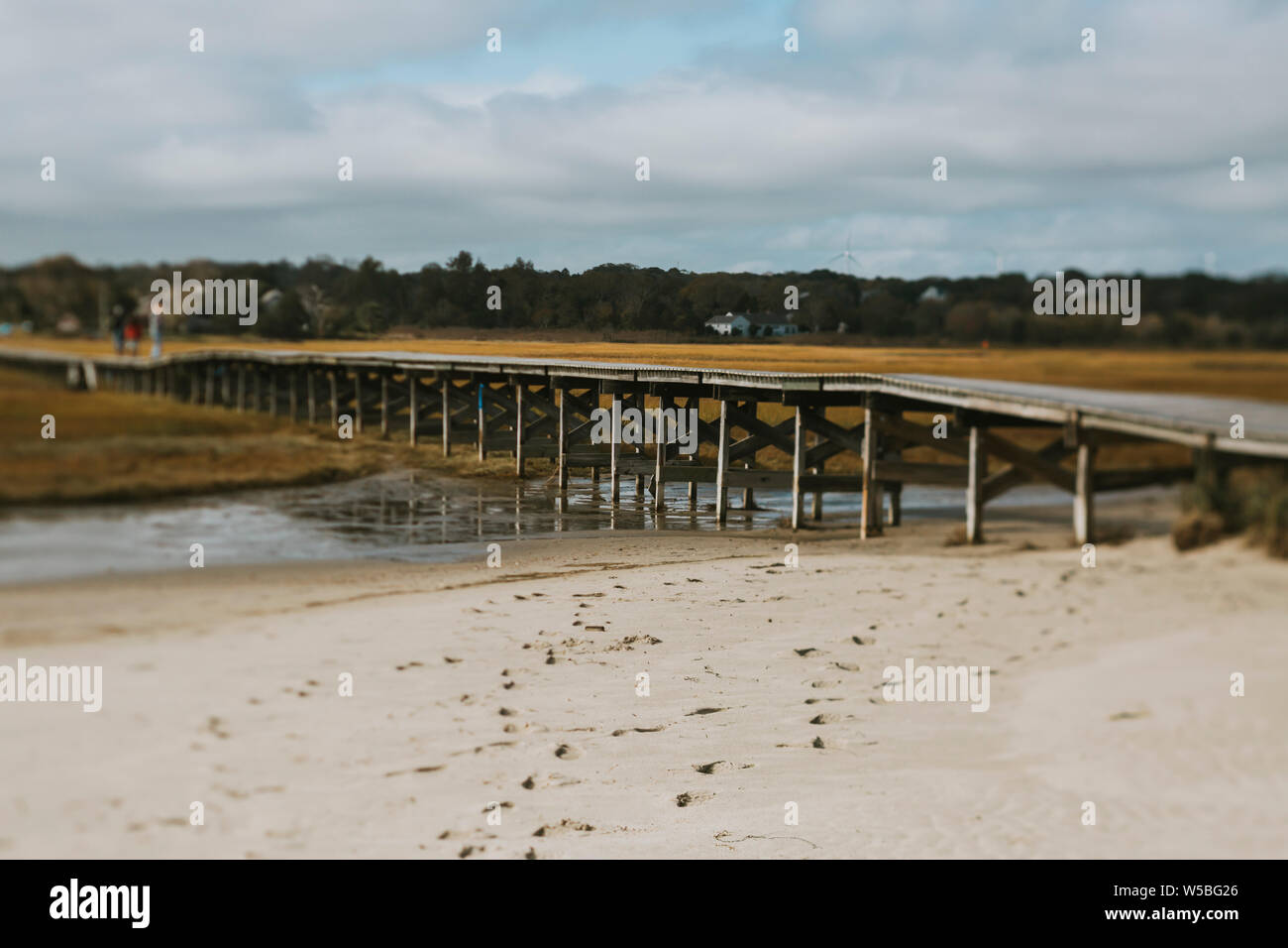 View from beach of boardwalk over sea inlet and salt marsh Stock Photo ...