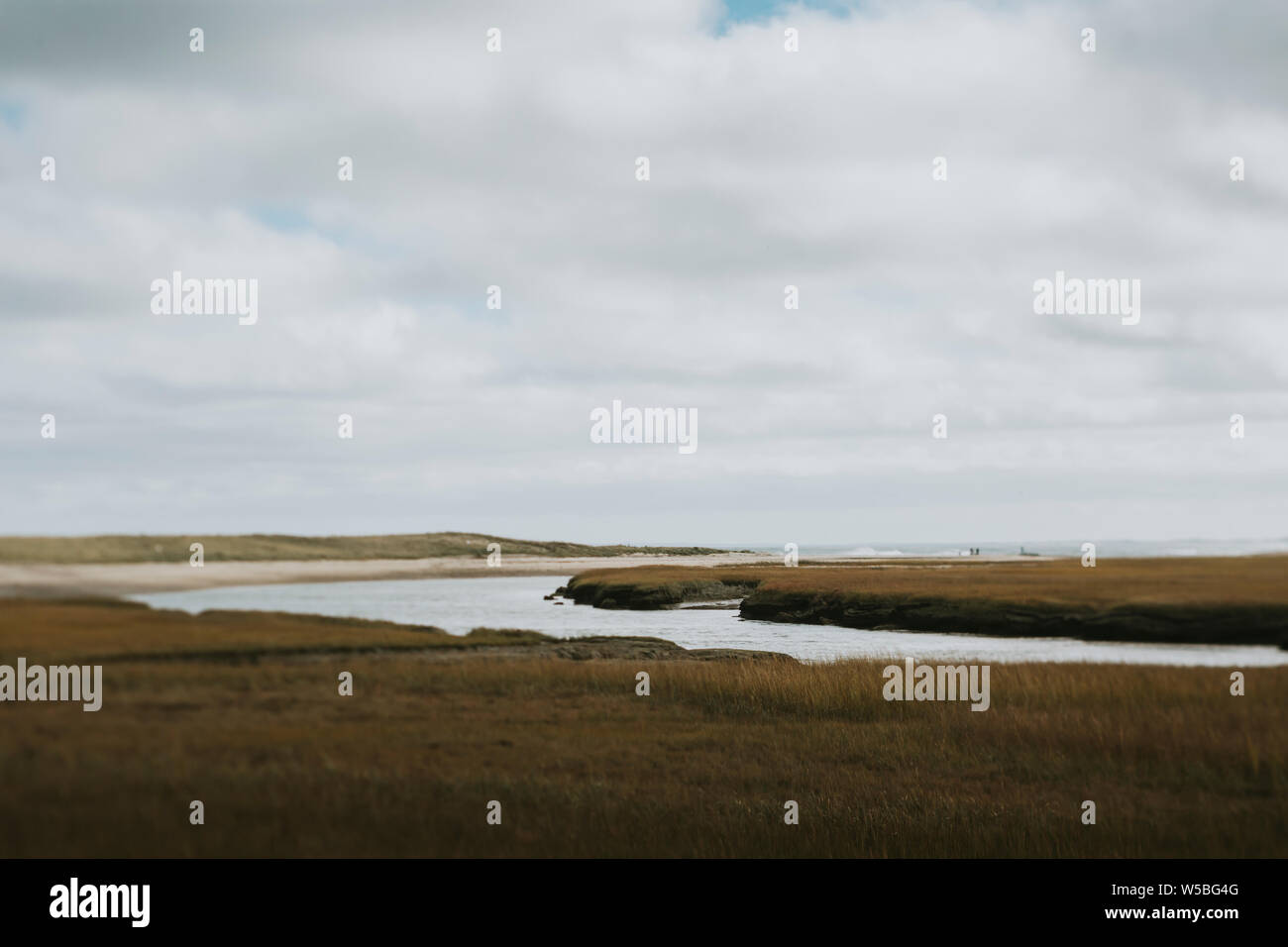 Salt marshes, sea inlet, beach and sand dunes against cloudy sky Stock ...