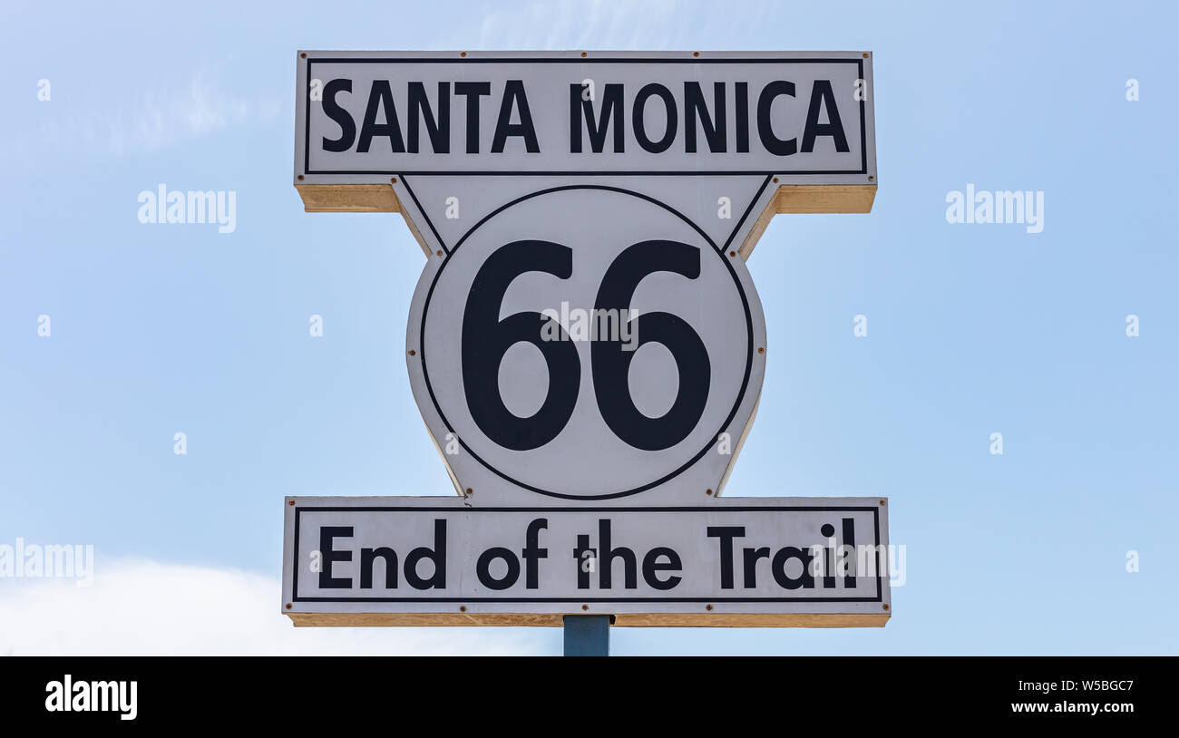 Route 66 Santa Monica, End of the trail. White color road sign at Santa ...