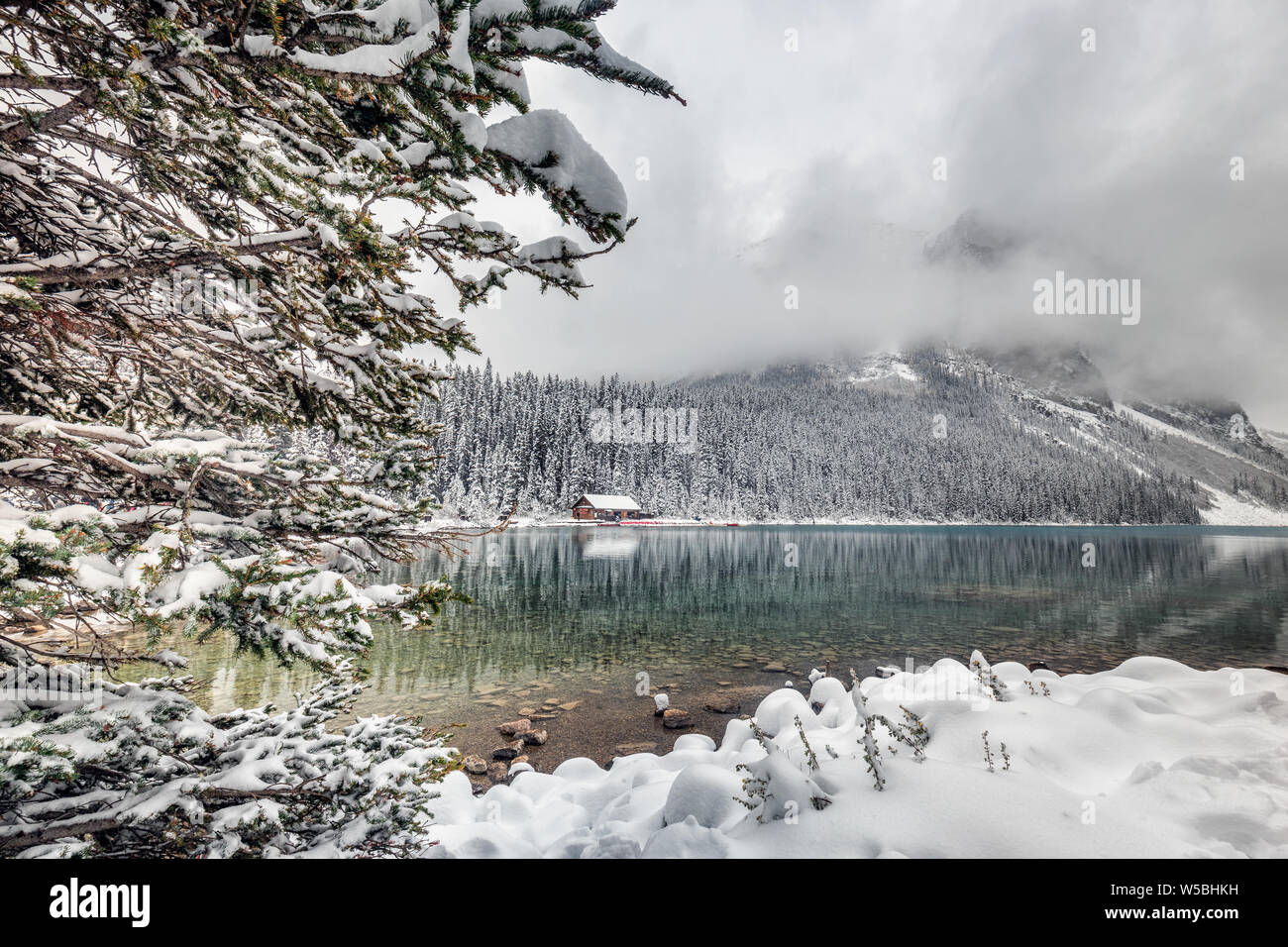 Lake Louise under heavy snow at Banff National Park, Canada Stock Photo ...