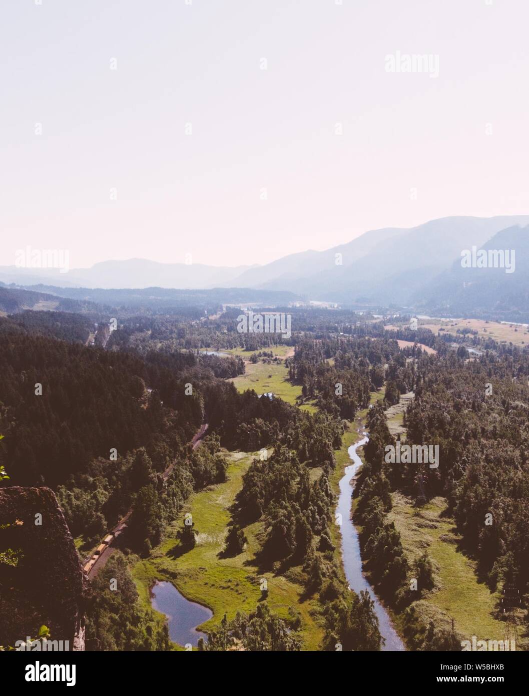 Aerial shot of a beautiful valley with forests and rivers in the ...