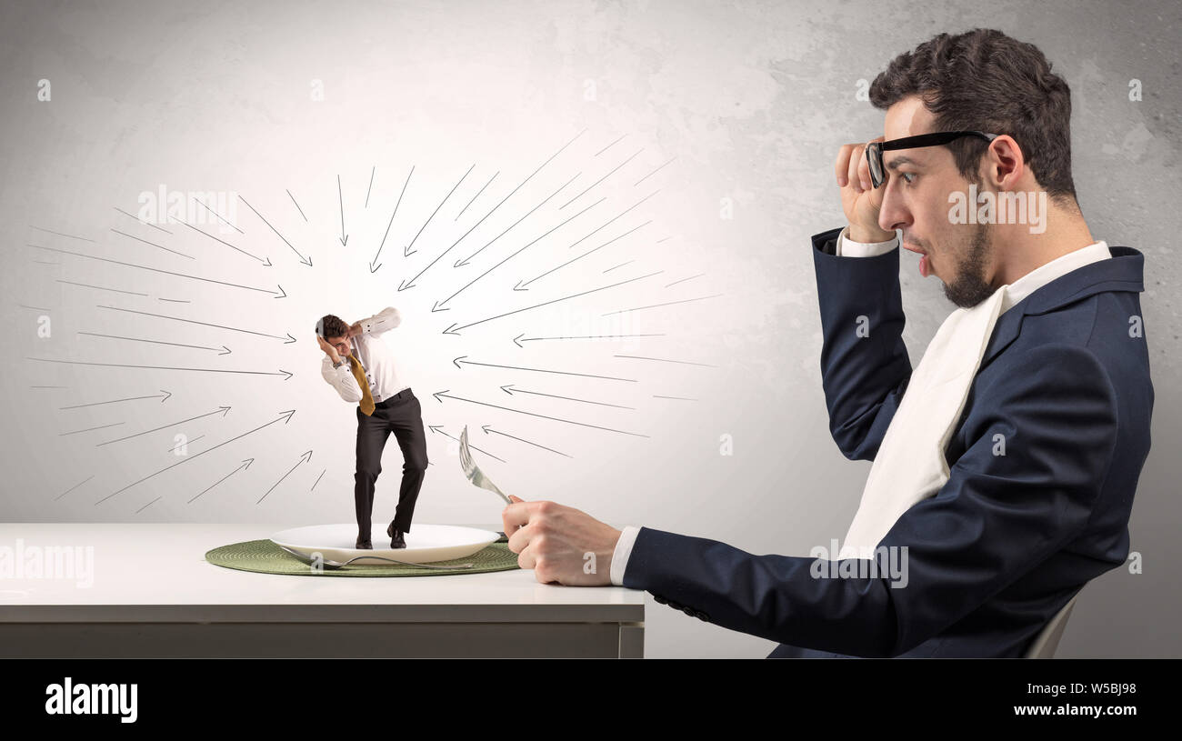 Big businessman eating small scared employee wit doodle concept Stock ...