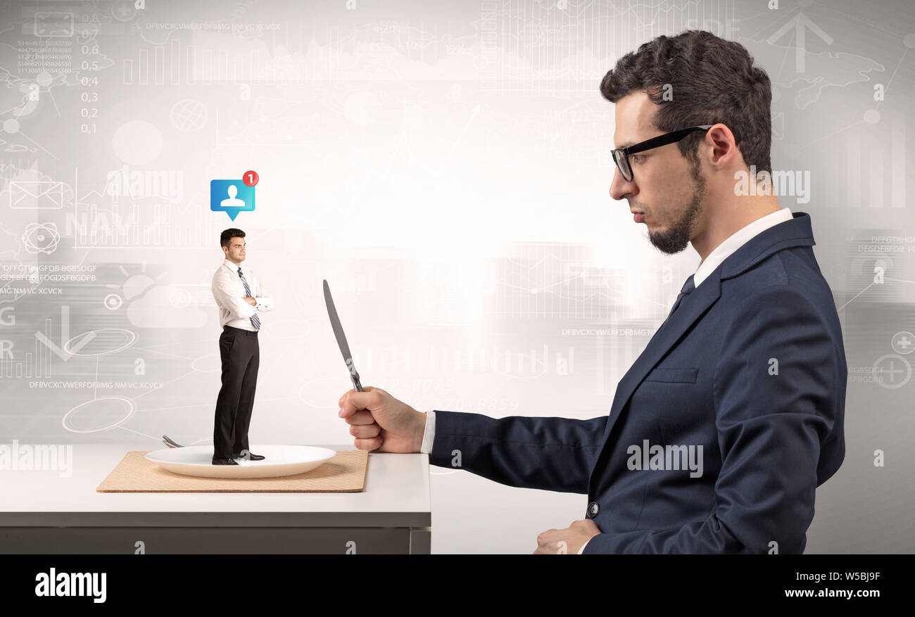 Giant businessman eating small man with financial background Stock ...