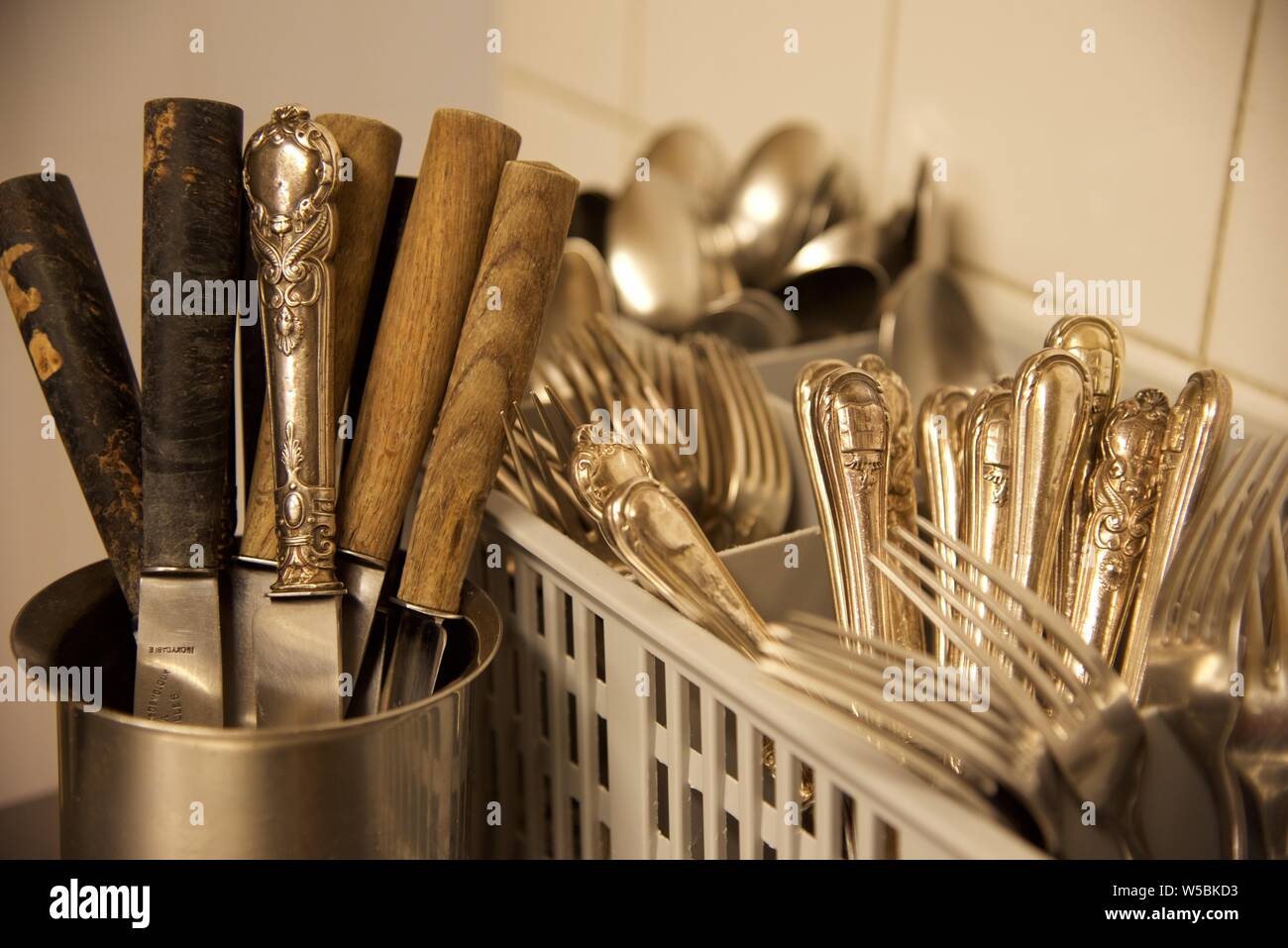 Cutlery: a selection of clean cutlery ready for use in a restaurant ...