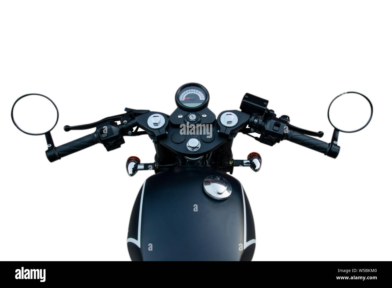 Motorcycle handlebars. View from driver isolated on white background ...