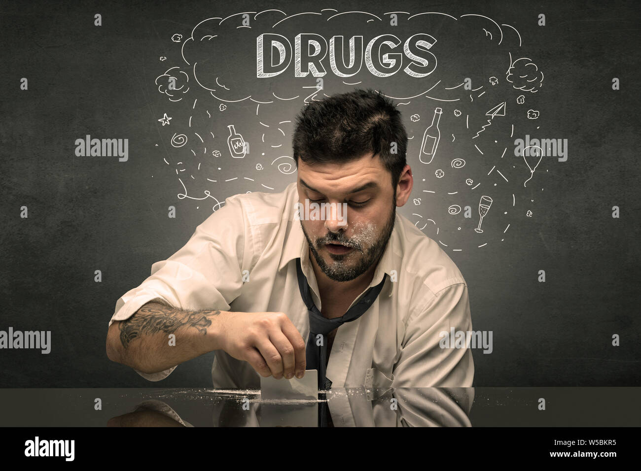 Loser drunk man with drinking, drug, hangover, alcoholic drugs concept ...