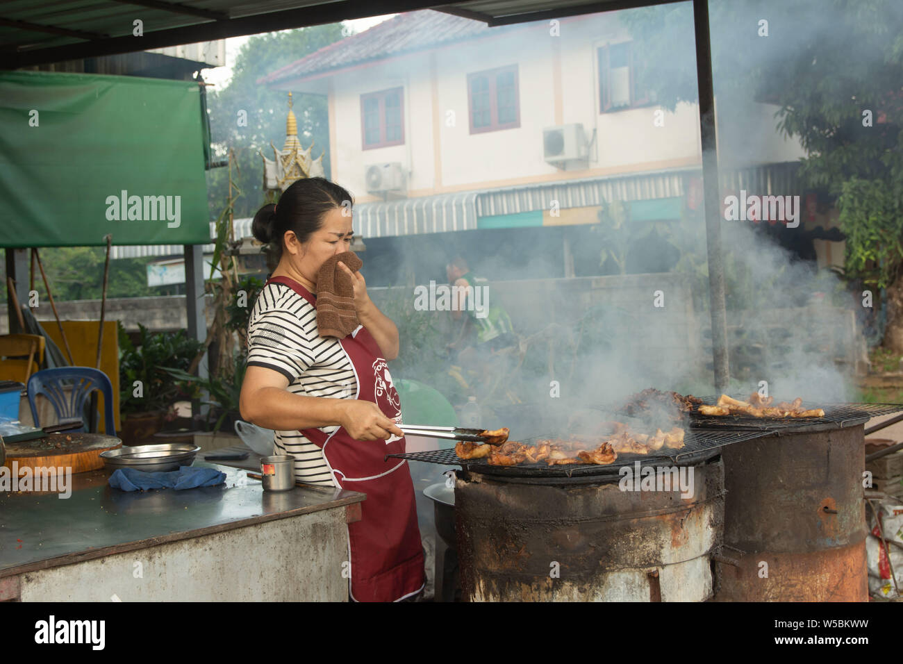woman sells Grilled pork on the stove Stock Photo - Alamy