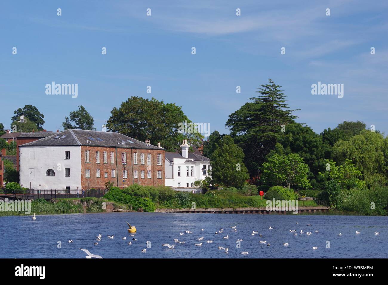 Trews Weir on the River Exe on a Sunny Summers Day, Old Mill Buildings ...