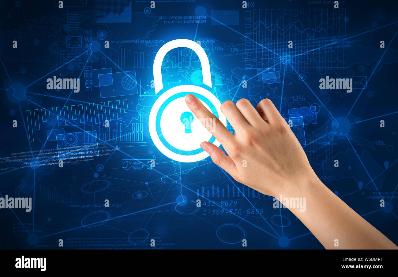 Female hand touching blue lock with charts and graphs in the background ...