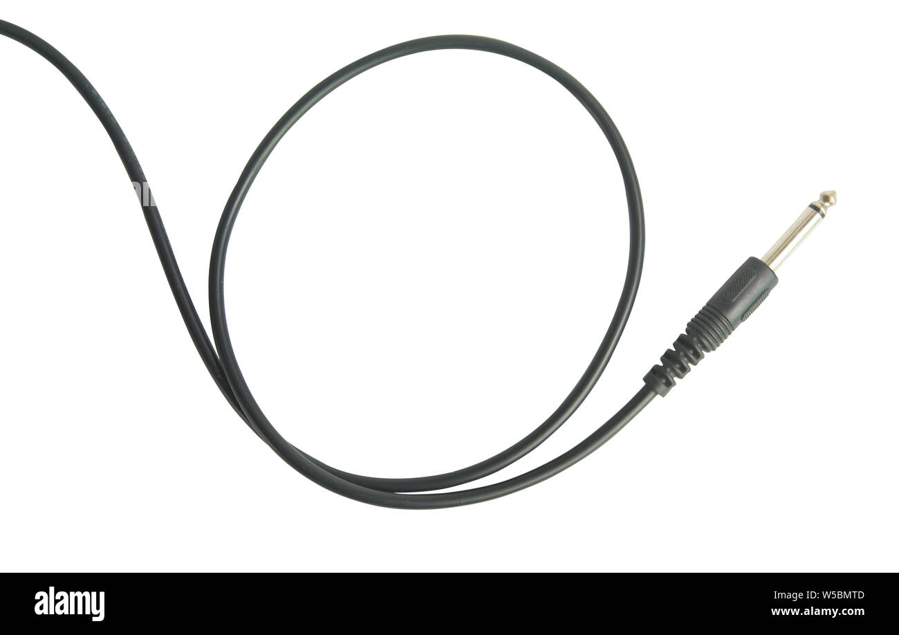 Guitar audio jack with black cable isolated on white background with ...