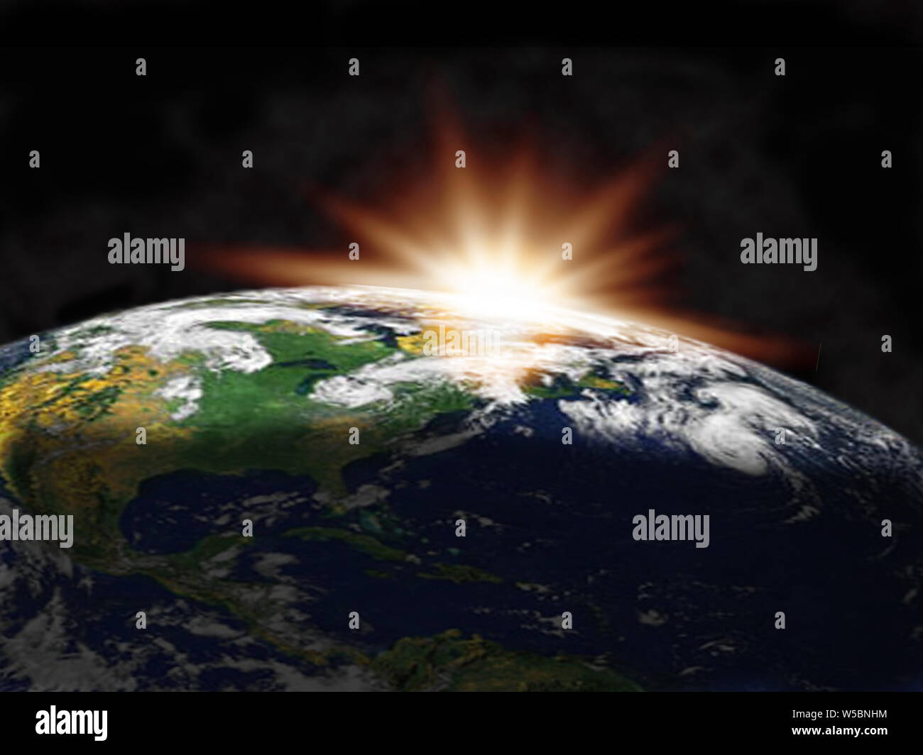 Sunrise over the Earth on ocean with sunlight and universe concept ...