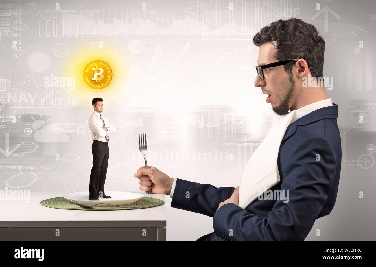 Giant businessman eating small man with financial background Stock ...