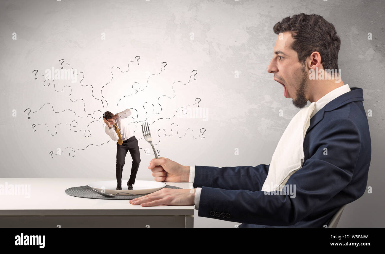 Big businessman eating small scared employee wit doodle concept Stock ...