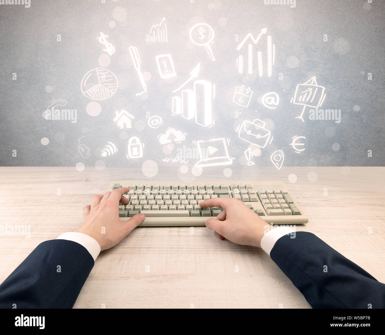 First person view of an elegant businessman hand typing with doodle ...