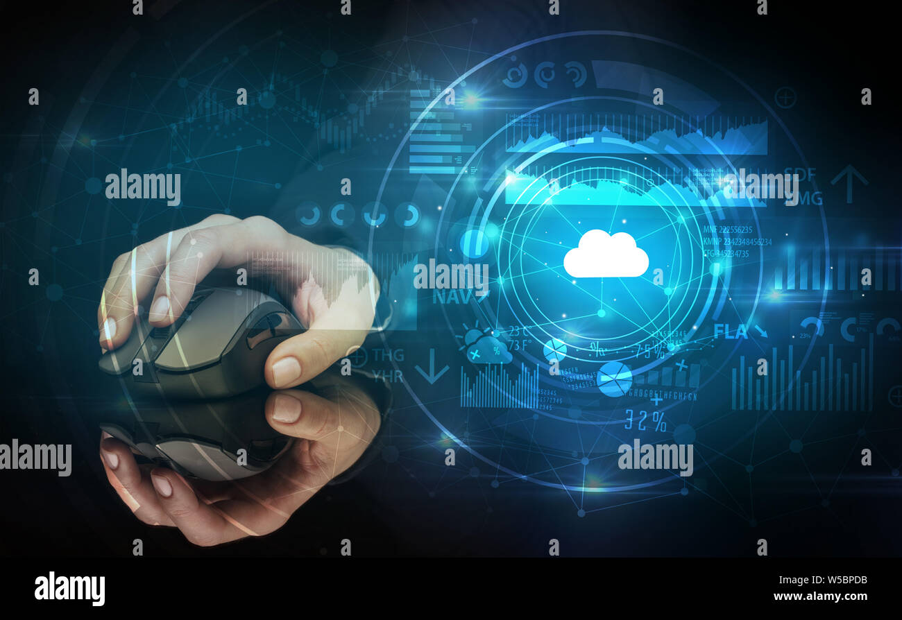 Hand using wireless mouse with cloud technology concept and dark ...
