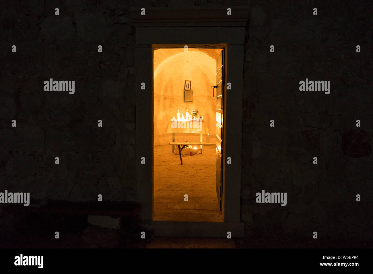 Small catholic church at night in Punta Plank Razanj Croatia. Lights ...