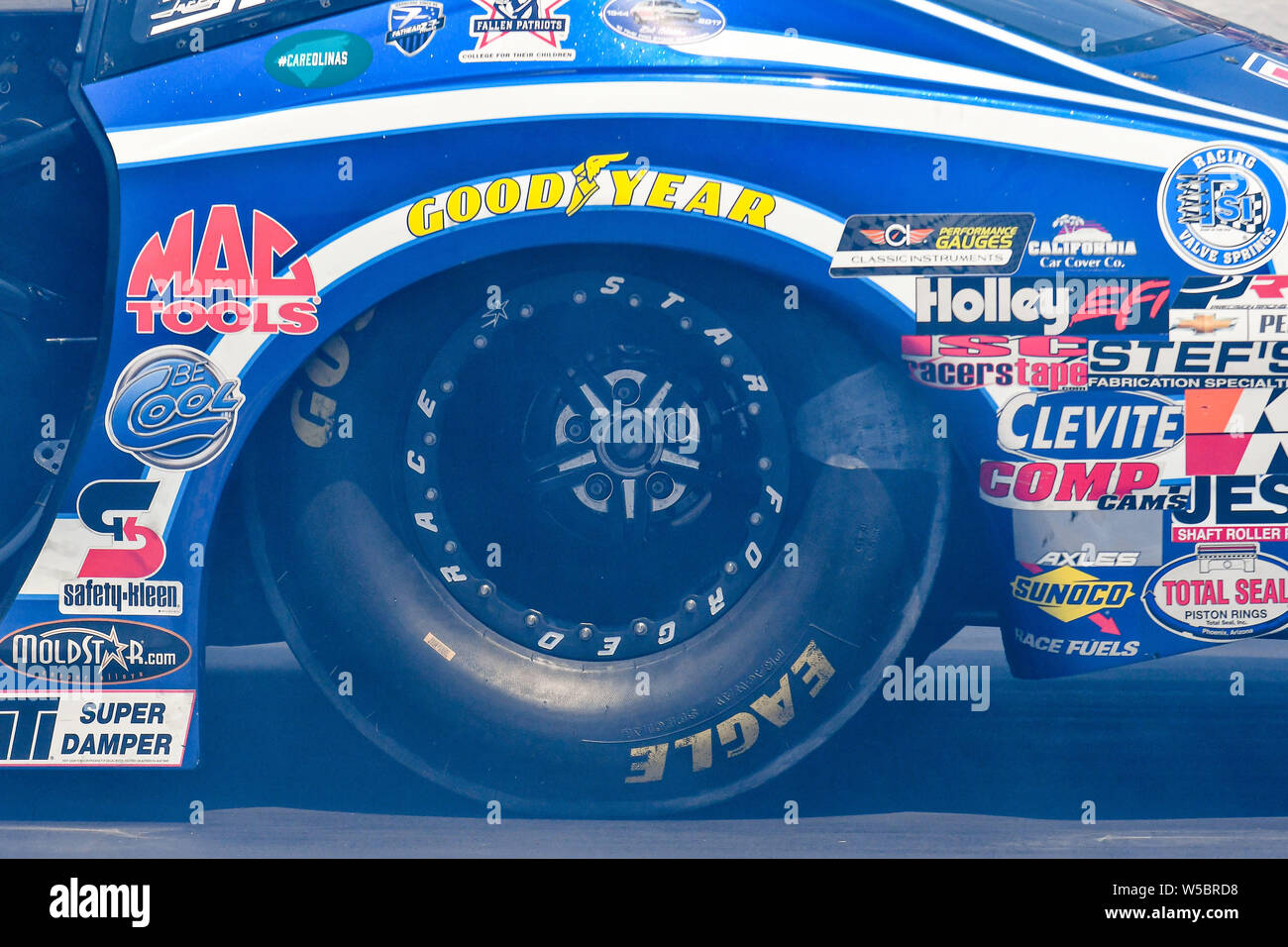 Sonoma, California, USA. 27th July, 2019. Decals decorate a pro stock ...