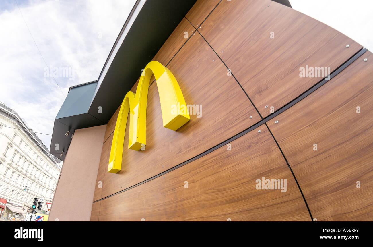 Vienna Austria July.2 2019, Wide angle view of McDonald’s Restaurant ...