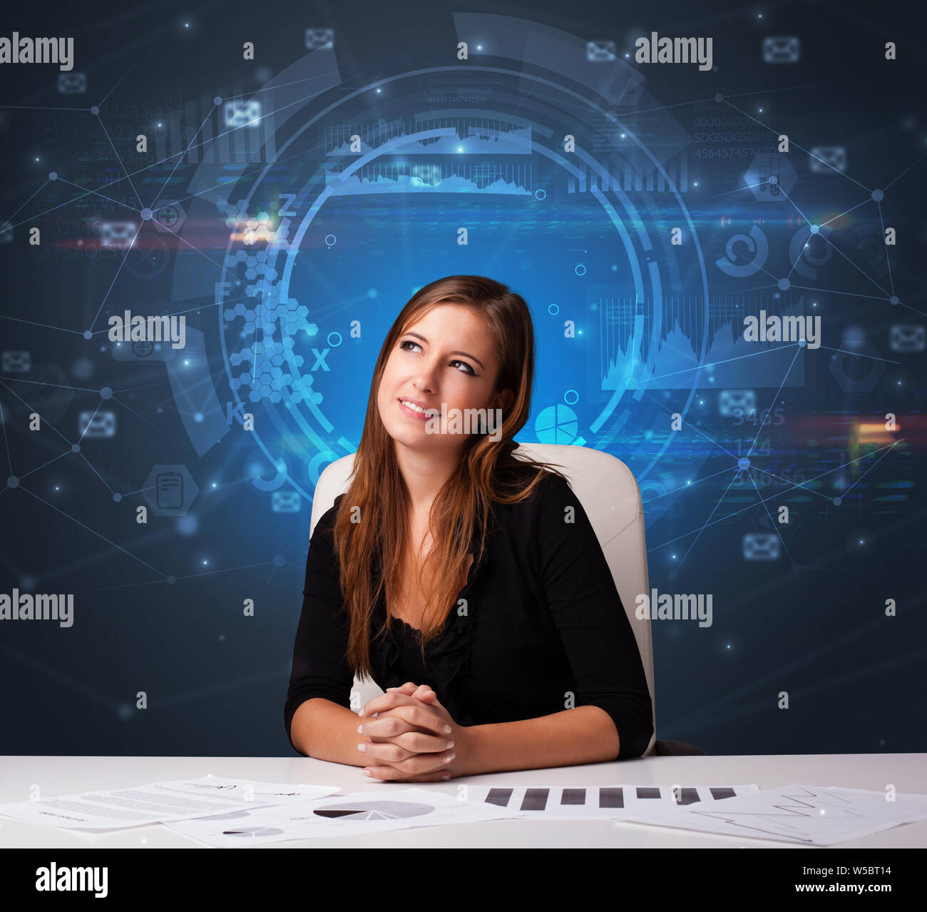 Manager in front of the office desk with connections and teamwork ...